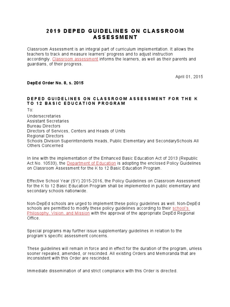 2019 Deped Guidelines On Classroom Assessment | PDF | Educational ...