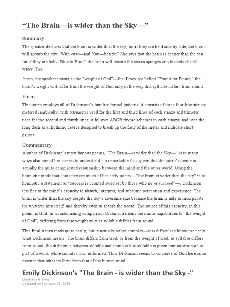 Analysis - The Brain Is Wider Than The Sky, Emily Dickinson | PDF ...