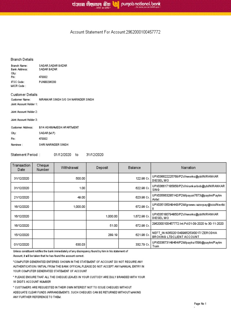 Account Statement For Account:2962000100457772: Branch Details | PDF ...