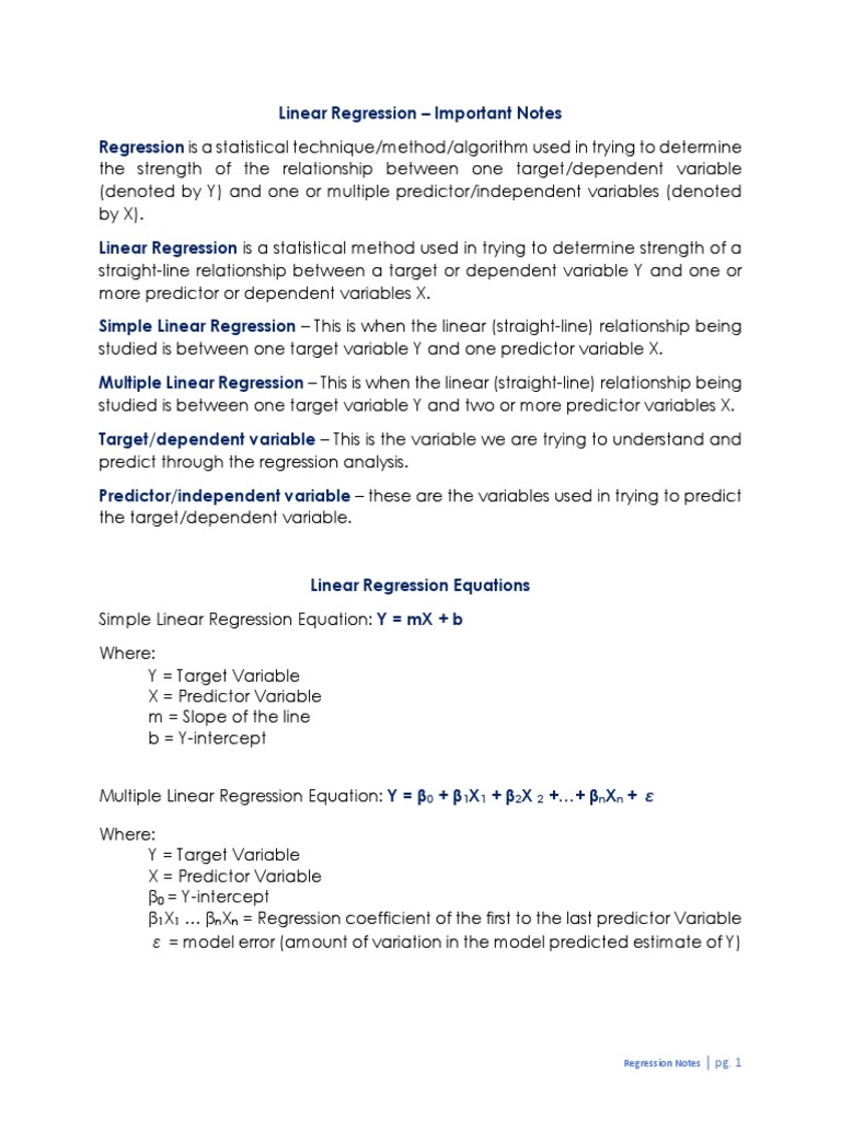 Linear Regression - Important Notes Regression | PDF | Coefficient Of ...