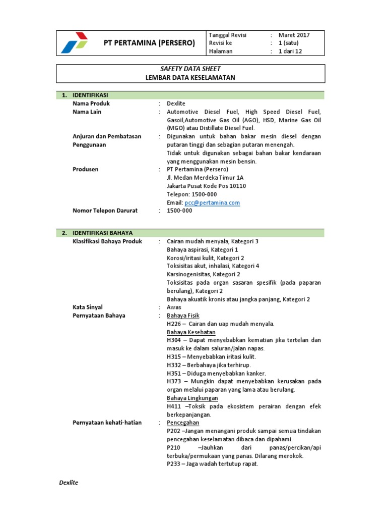 MSDS Dexlite dan Pertalite Pertamina | PDF