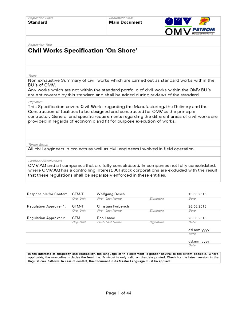 Civil Works Specification On Shore': Standard Main Document | PDF ...