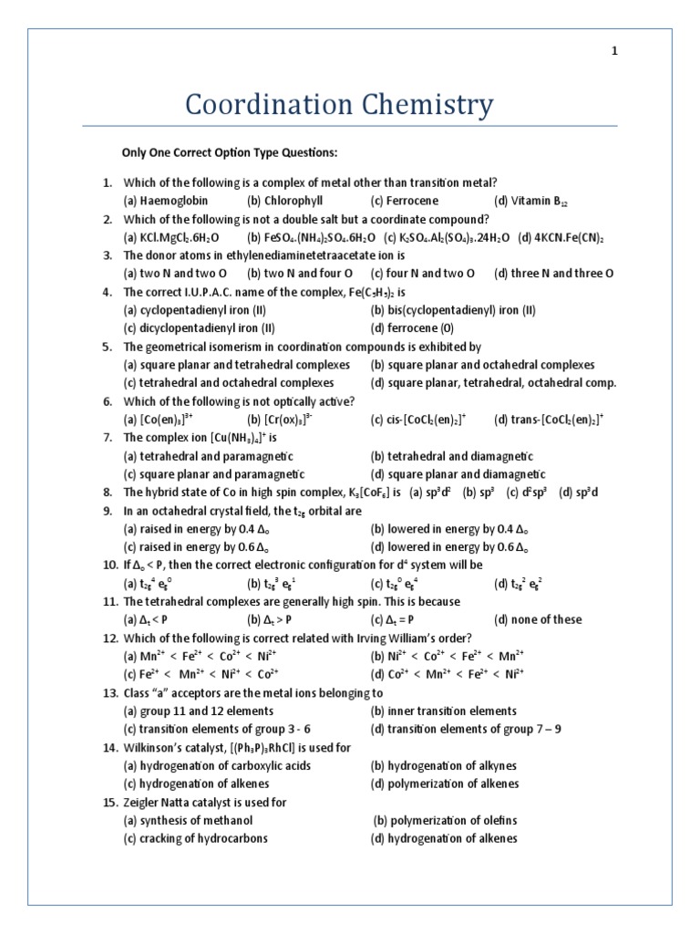 MCQ Chapter 8 Coordination Compound | PDF | Coordination Complex | Ion