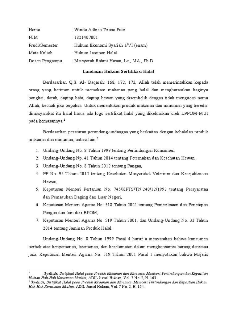 Winda Adhisa TP - Landasan Hukum Sertifikasi Halal | PDF