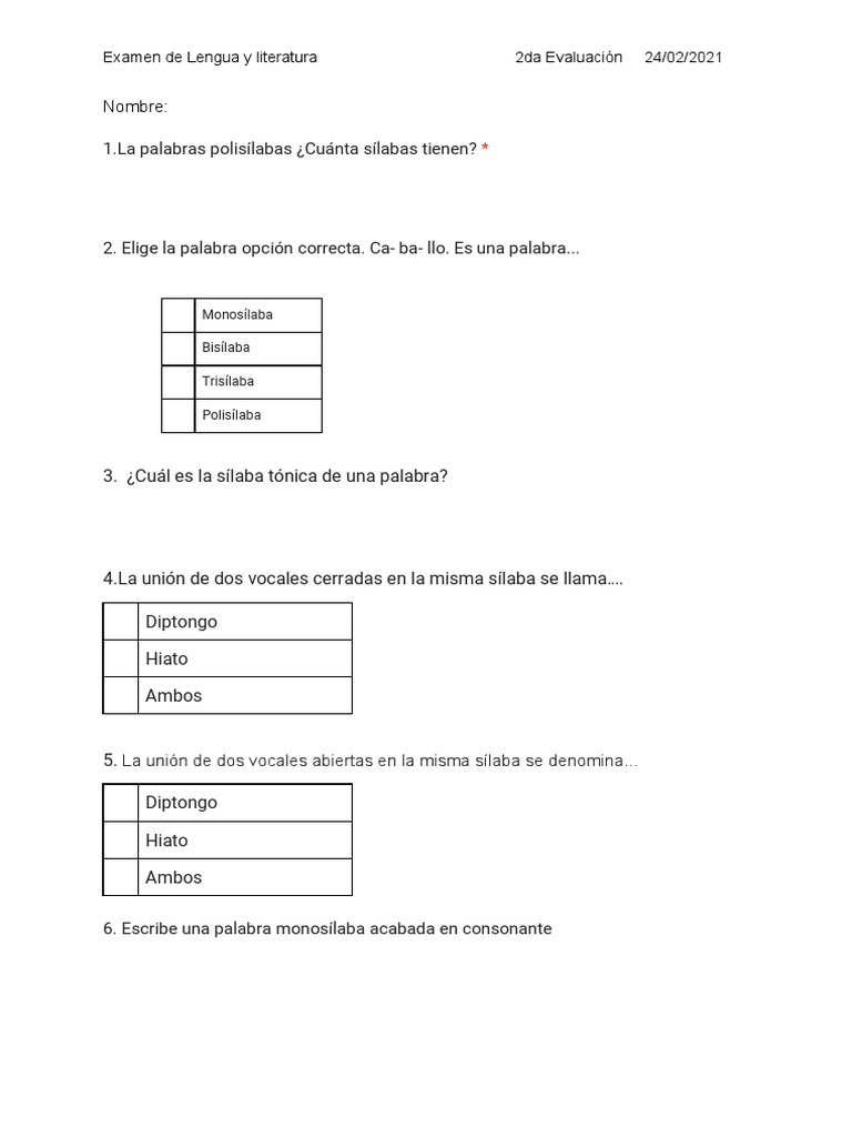 Examen Diptongos e Hiatos | PDF