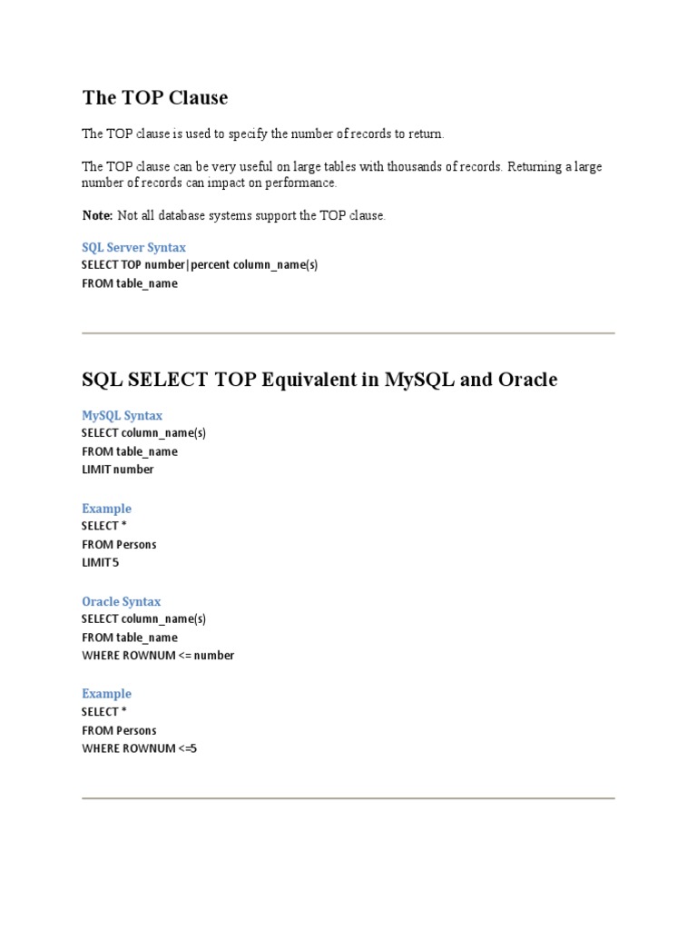The Top Clause Sql Server Syntax Pdf Database Index Relational Database
