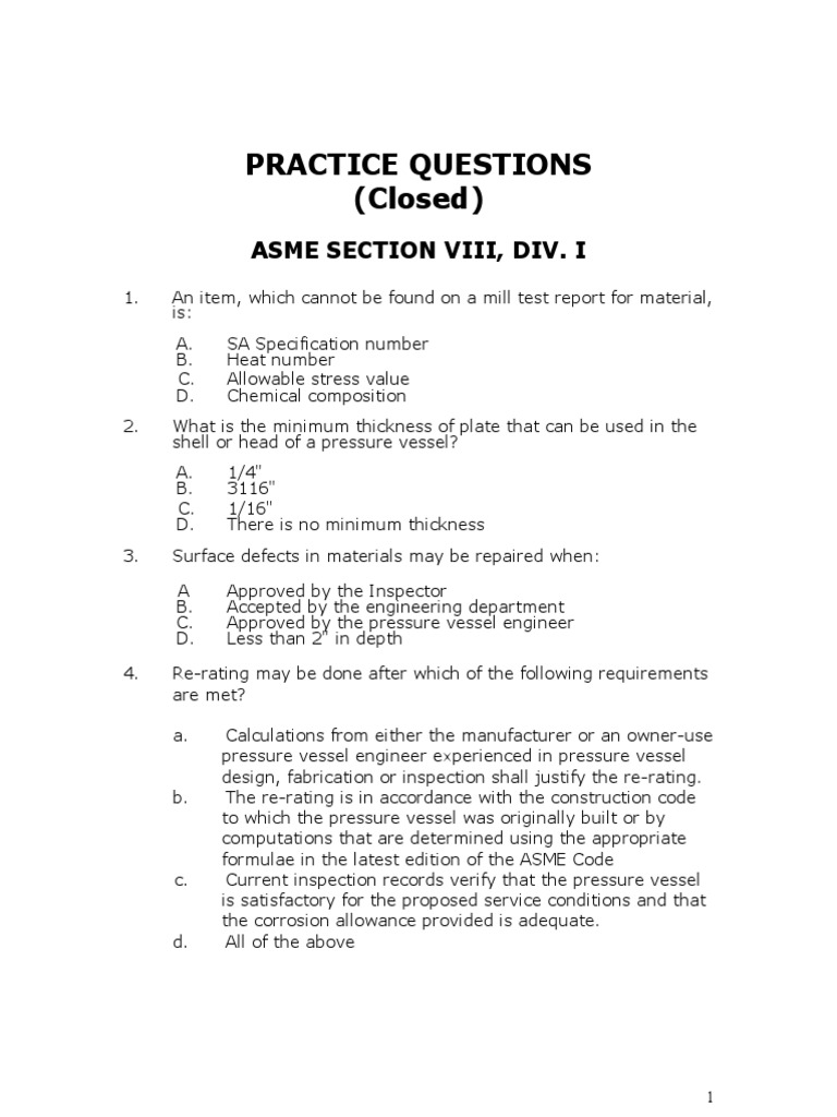 ASME Section VIII Practice Questions | PDF | Welding | Construction