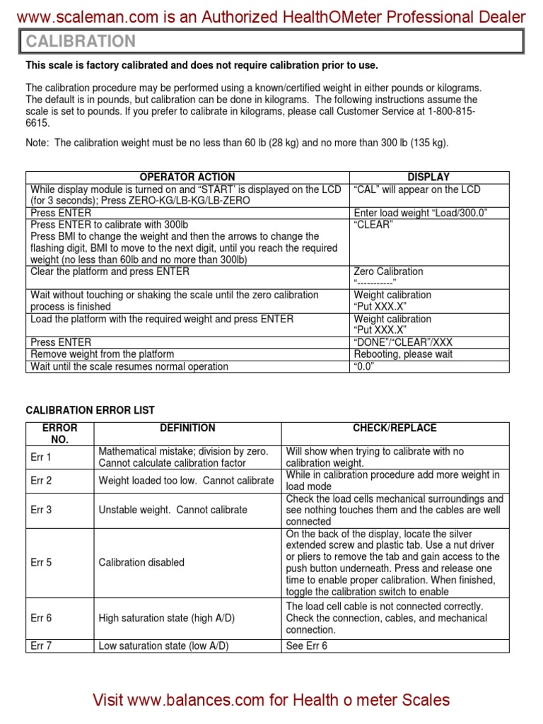Healthometer 597kl Scale Calibration Procedure | PDF | Calibration | Weight