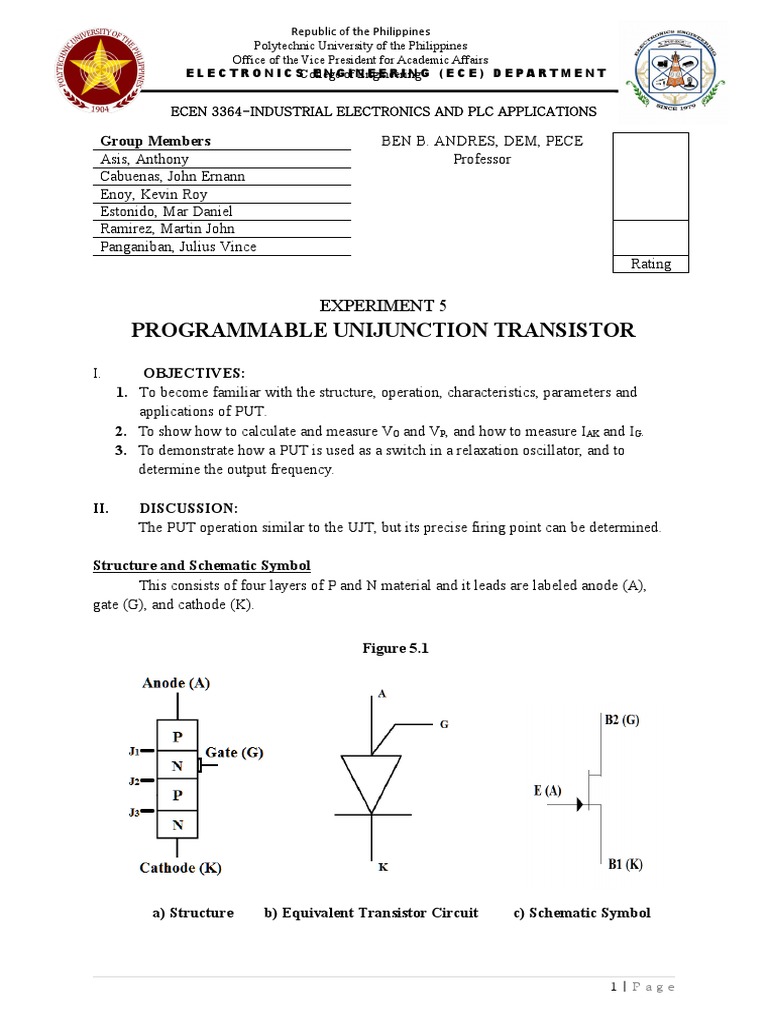 Programmable Unijunction Transistor: Experiment 5 | PDF | Electronic ...