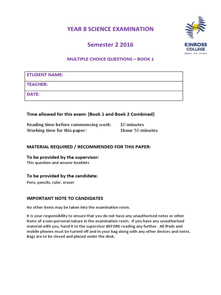 Year 8 Science Exam Sem 2 2016 Multi CH | PDF | Test (Assessment ...