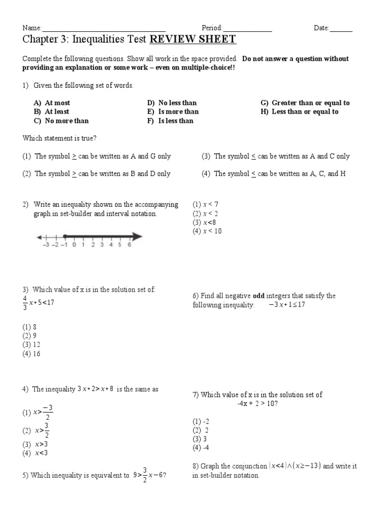 Chapter 3: Inequalities Test REVIEW SHEET | PDF | Inequality ...