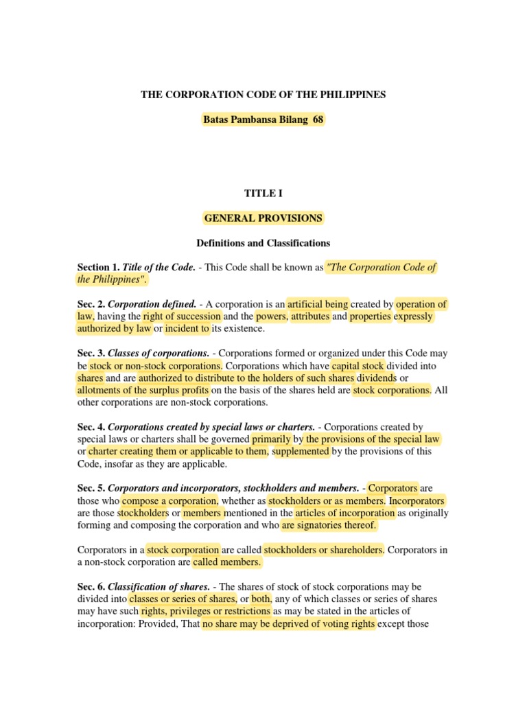 Philippines Corporation Code | PDF | Corporations | Stocks