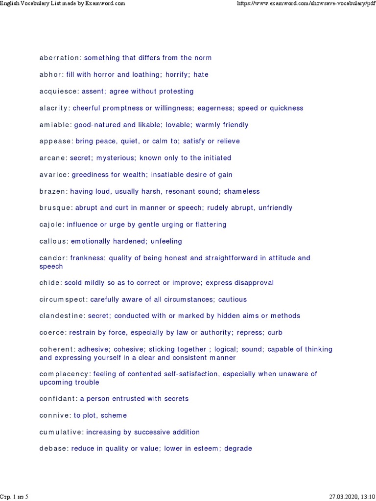 Aberration: Abhor: Acquiesce: Alacrity: Amiable: Appease: Arcane ...