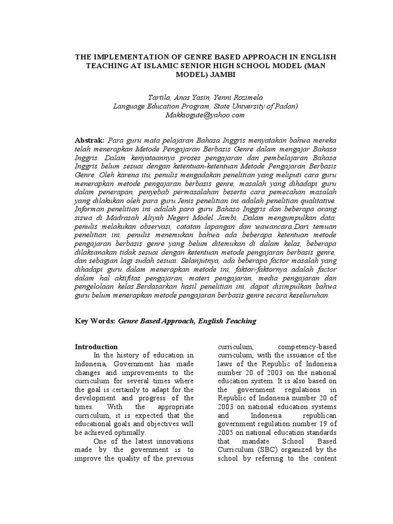 IMPLEMENTING GENRE-BASED APPROACH IN ENGLISH TEACHING | PDF