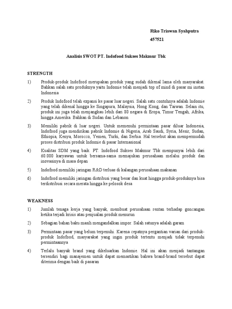 Analisis SWOT PT. Indofood Sukses Makmur TBK | PDF