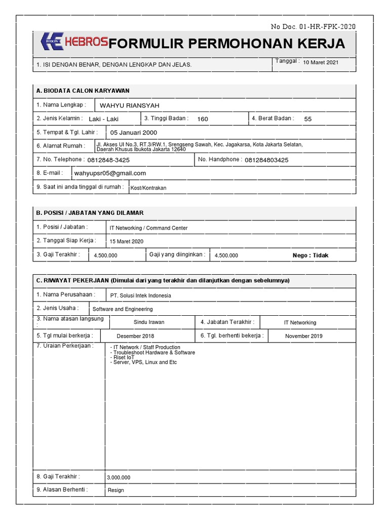 01-HR-Form Permohonan Kerja | PDF