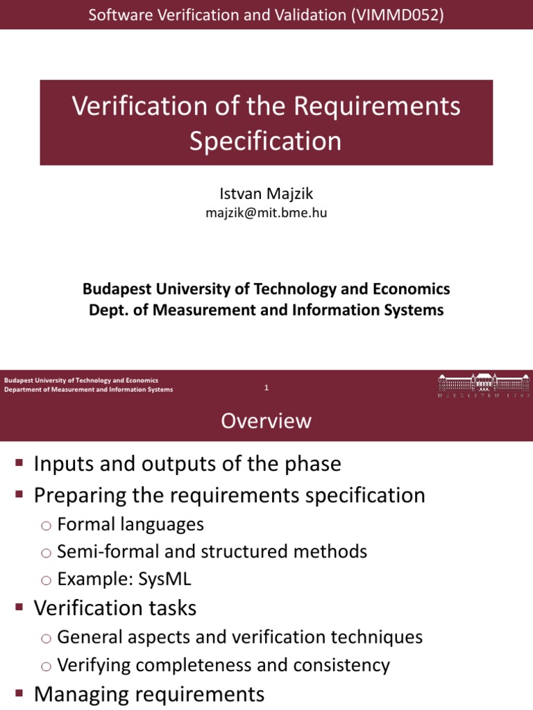 SWVV-2019 L02b Requirements Verification | PDF | Formal Verification ...