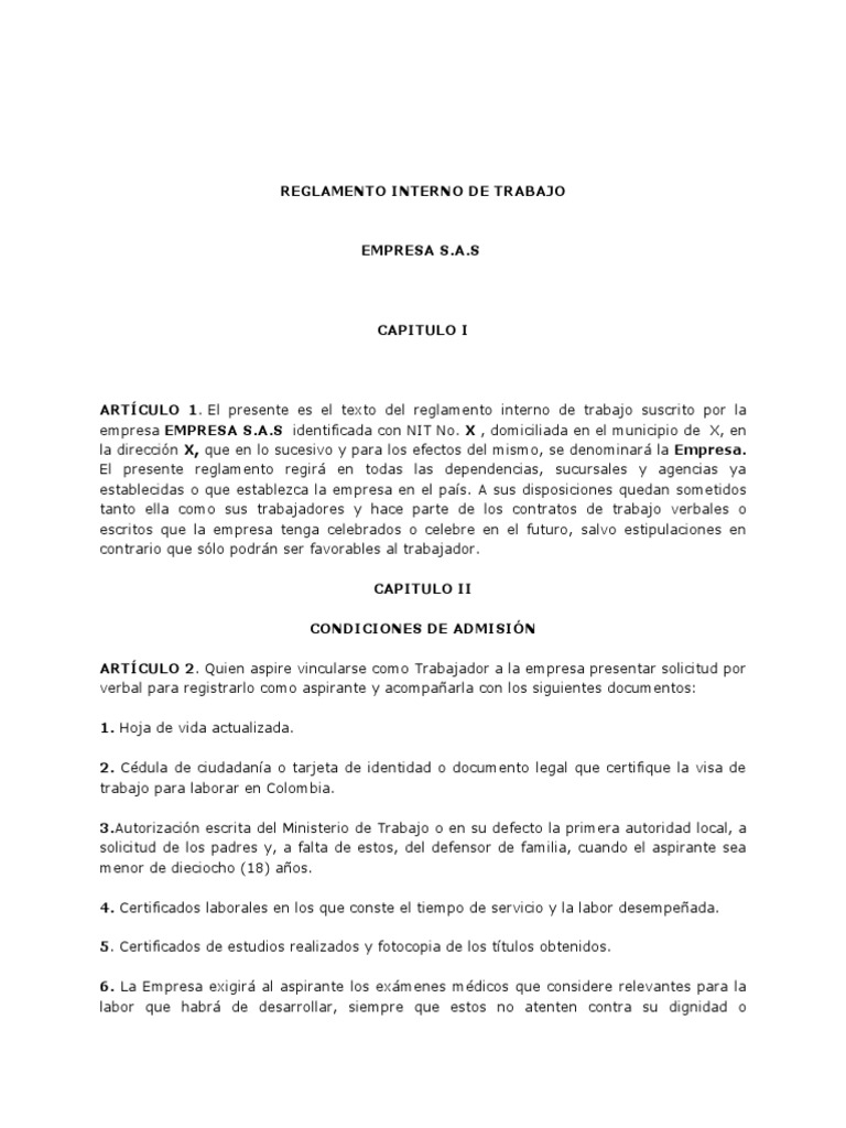 REGLAMENTO INTERNO DE TRABAJO Formato 2021 | PDF | Salario | Tiempo de ...