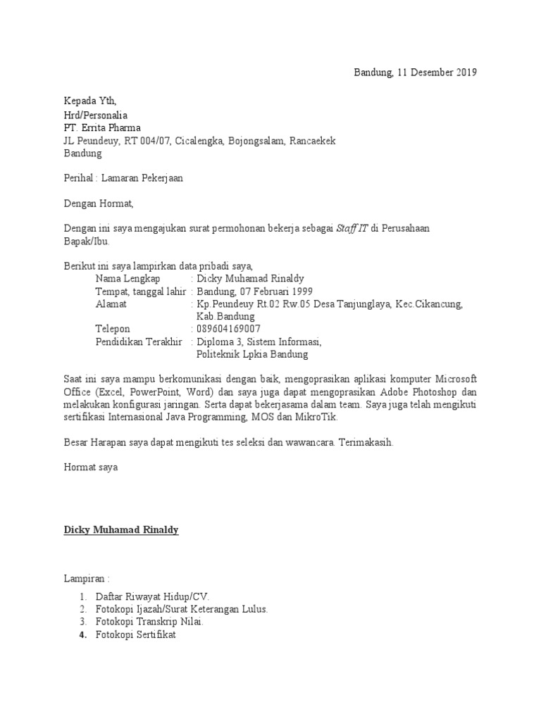 Surat Lamaran Dicky | PDF