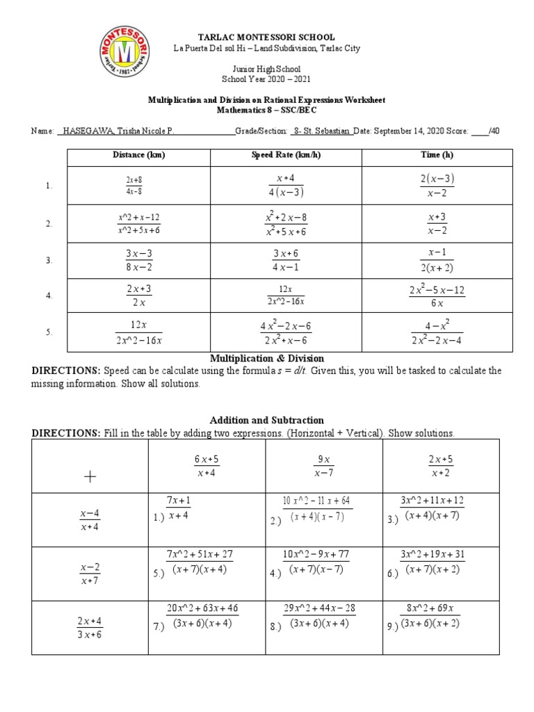 Rational Expressions Worksheet for 8th Grade | PDF | Elementary ...