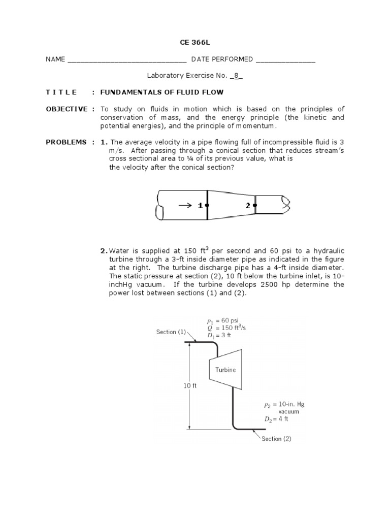 Fluid Flow Fundamentals Exercises | PDF | Fluid Dynamics | Turbine