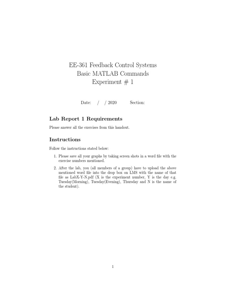 EE-361 Feedback Control Systems Basic MATLAB Commands Experiment # 1 ...