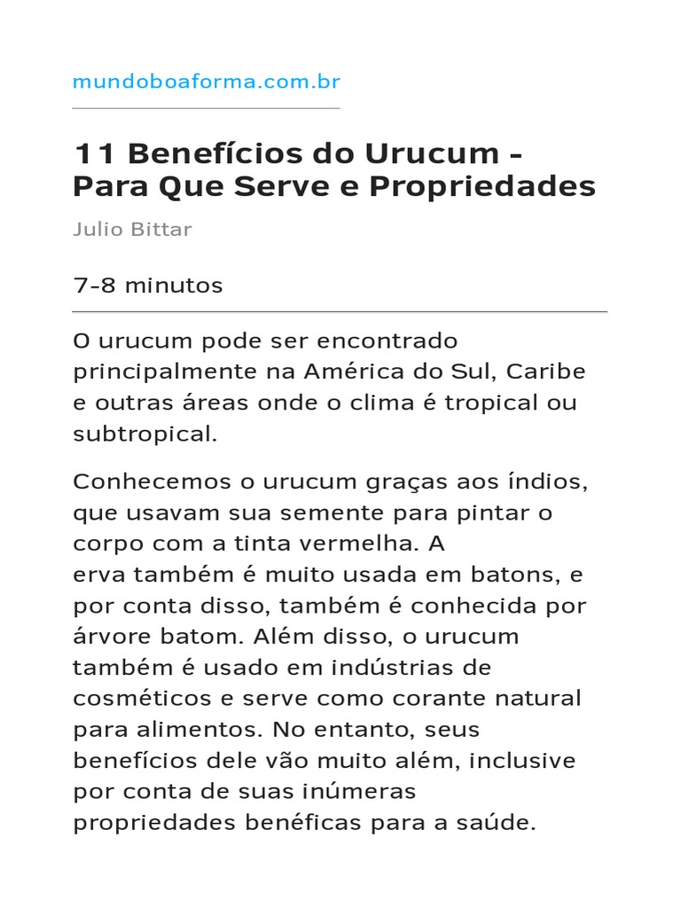 11 Benefícios Do Urucum - para Que Serve e Propriedades | PDF | Antioxidante | Colesterol