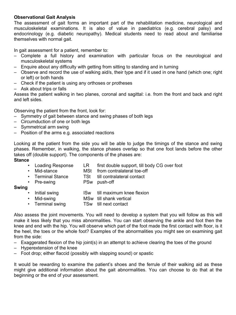 Observational Gait Analysis Checklist | PDF | Anatomical Terms Of ...