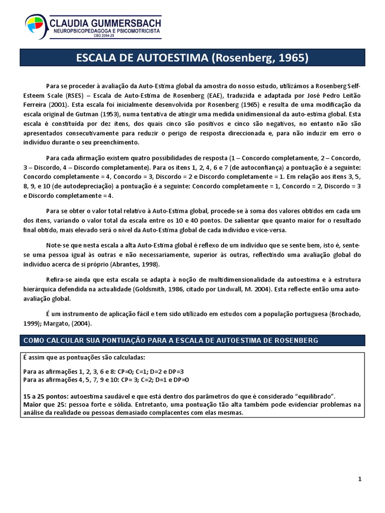 Escala de Autoestima de Rosenberg RSES | PDF | Autoestima | Psicologia