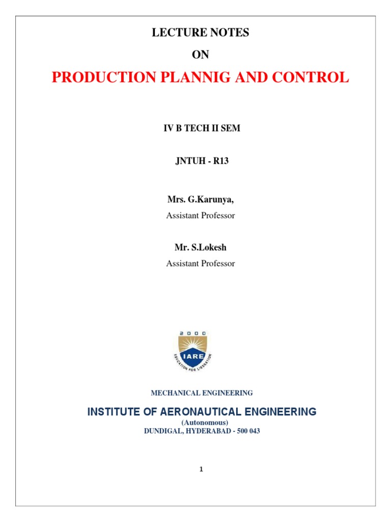 IARE PPC Lecture Notes | PDF | Inventory | Mass Production