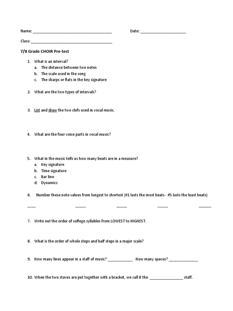 7/8 Grade CHOIR Pre-Test | PDF