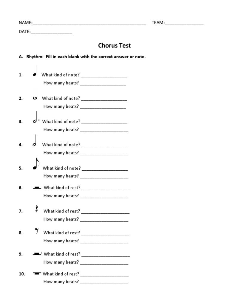 Chorus Test: A. Rhythm: Fill in Each Blank With The Correct Answer or ...