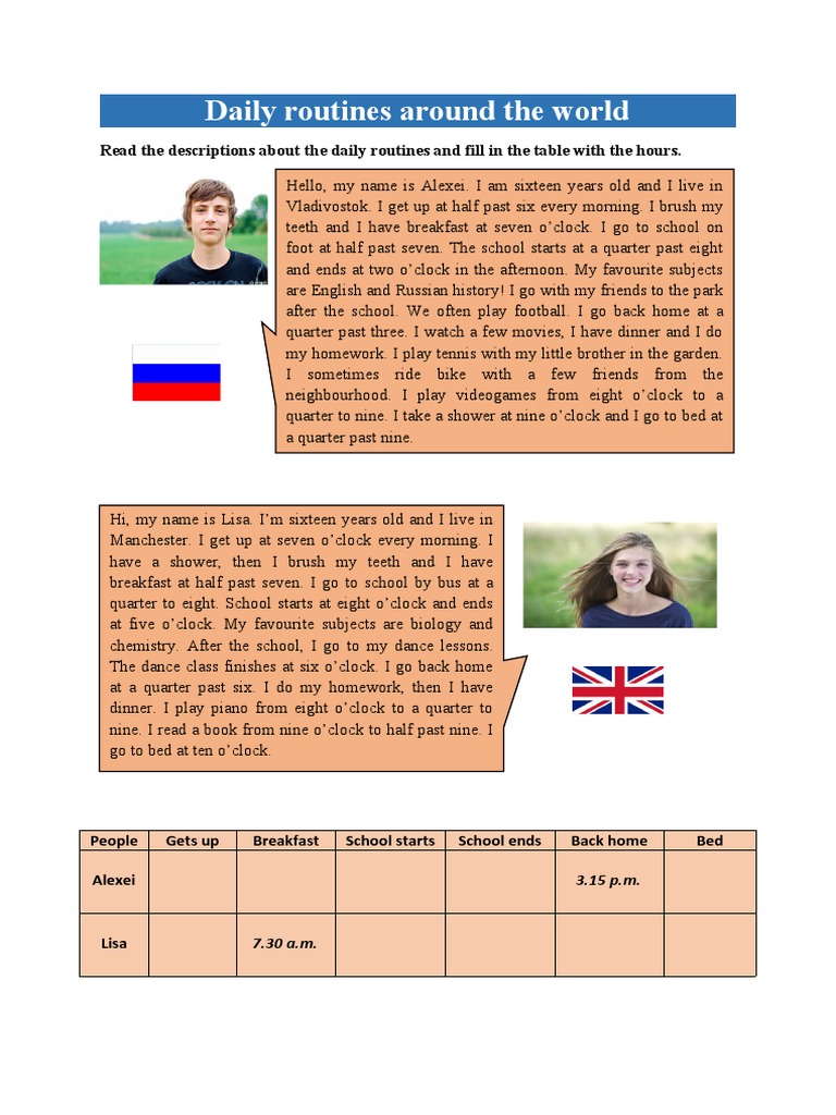 Daily Routines of Alexei and Lisa | PDF | Language Arts & Discipline