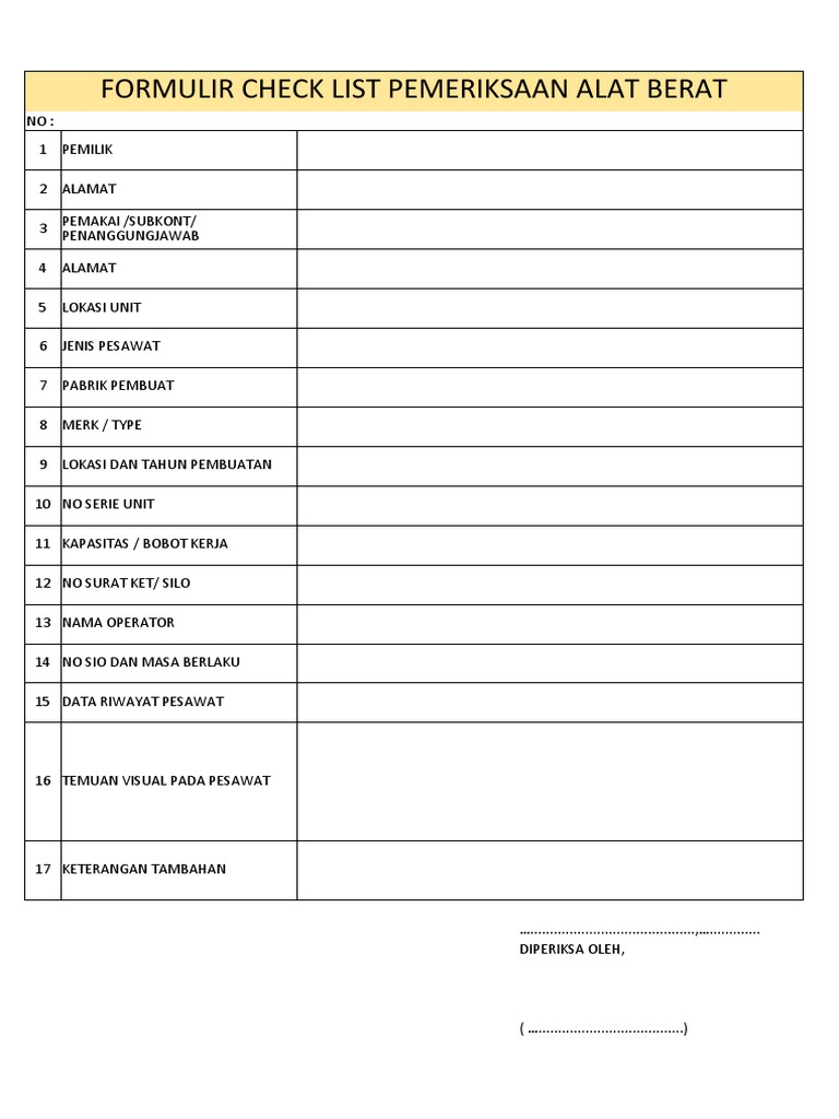 Form Check List Alat Berat | PDF