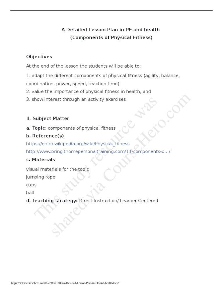 PE Lesson Plan: Components of Fitness | PDF | Physical Fitness | Human ...