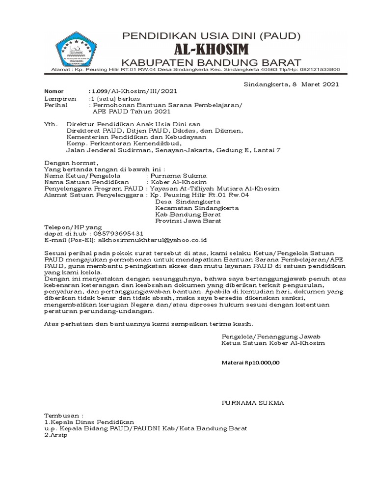 Contoh Surat Permohonan Usulan Bantuan | PDF