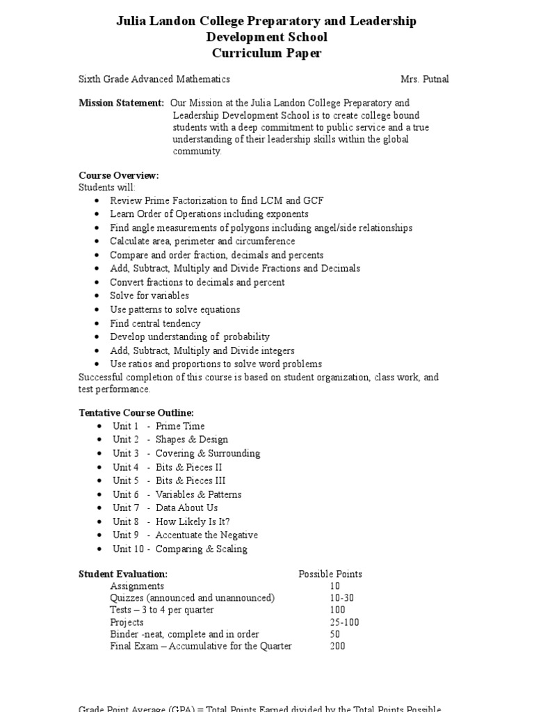 6th Grade Advance Math Curriculum Paper | PDF | Business