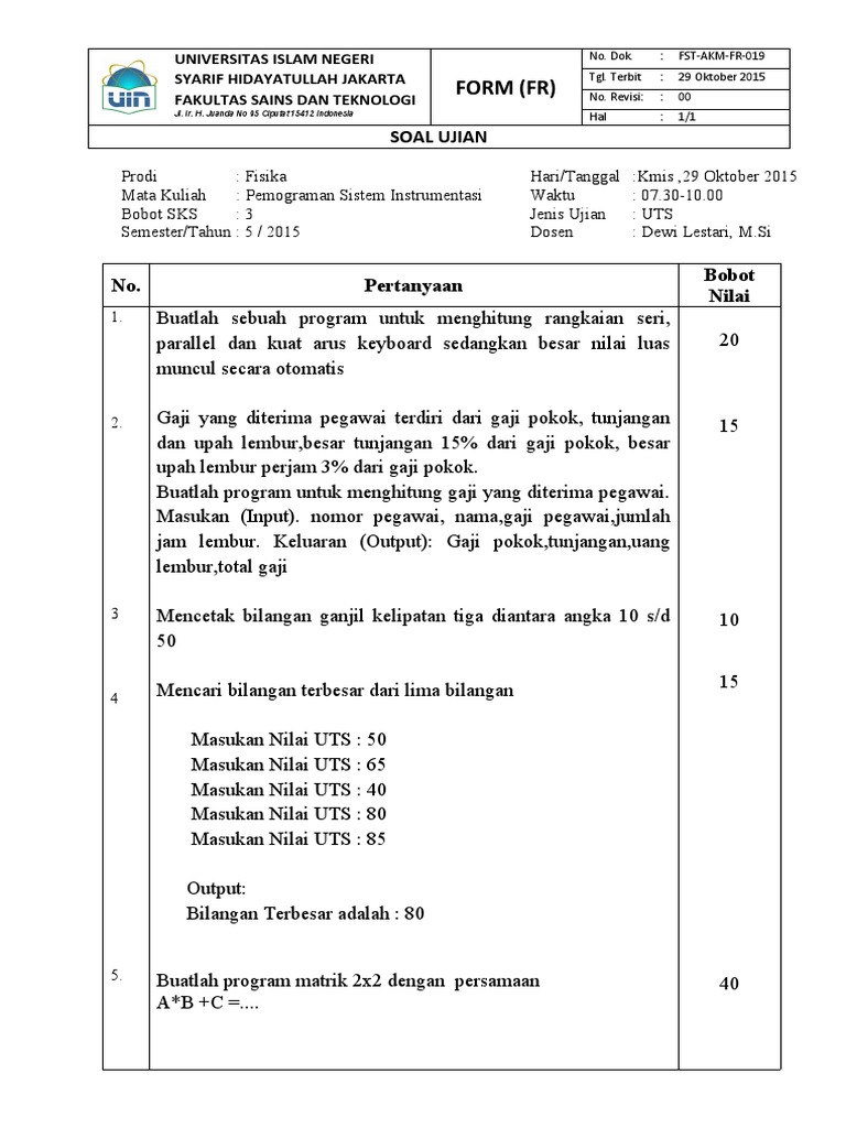 019 Form Soal UTS Program | PDF