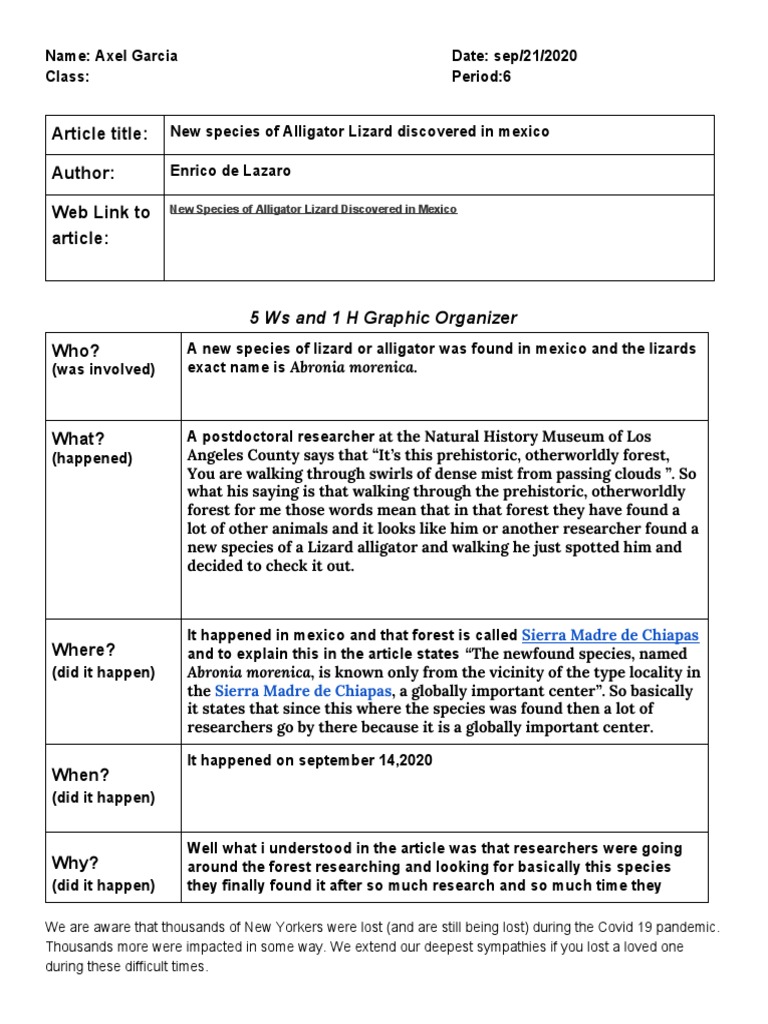 5 Ws & 1 H Graphic Organizer | PDF | Nature