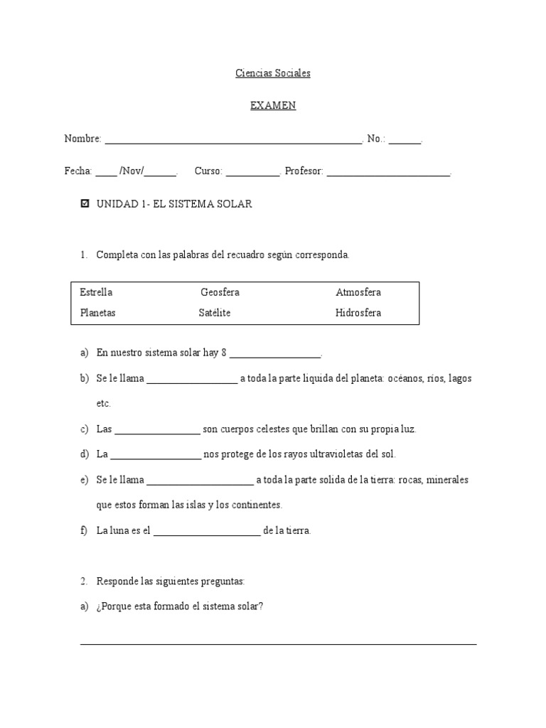 Examen del Sistema Solar para Primaria | PDF | Sistema solar | Tierra