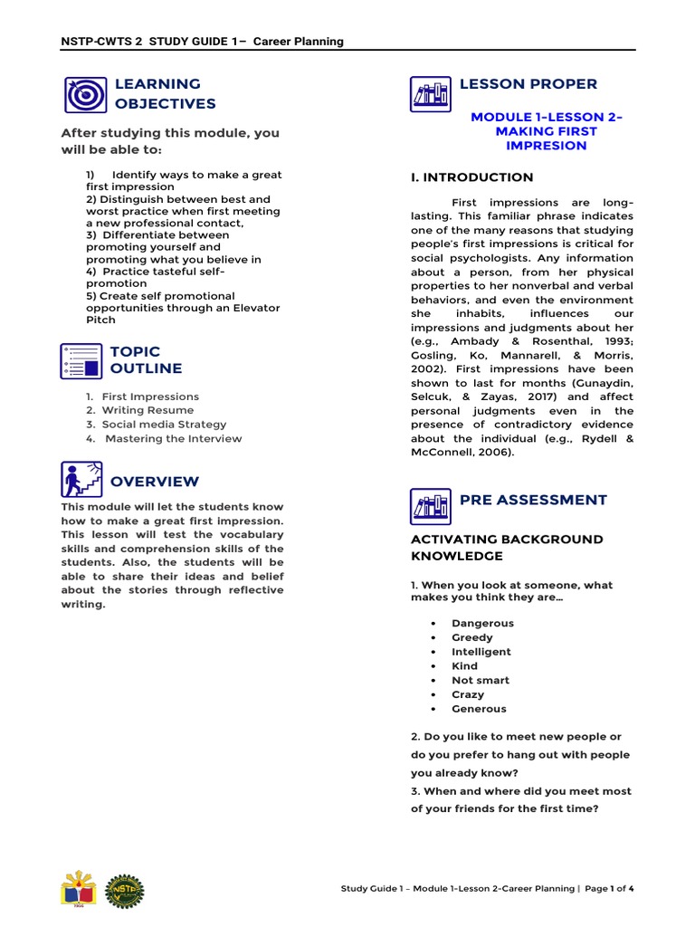 Study Guide 1 Module 1 Lesson 2 Career Planning | PDF | Reading ...