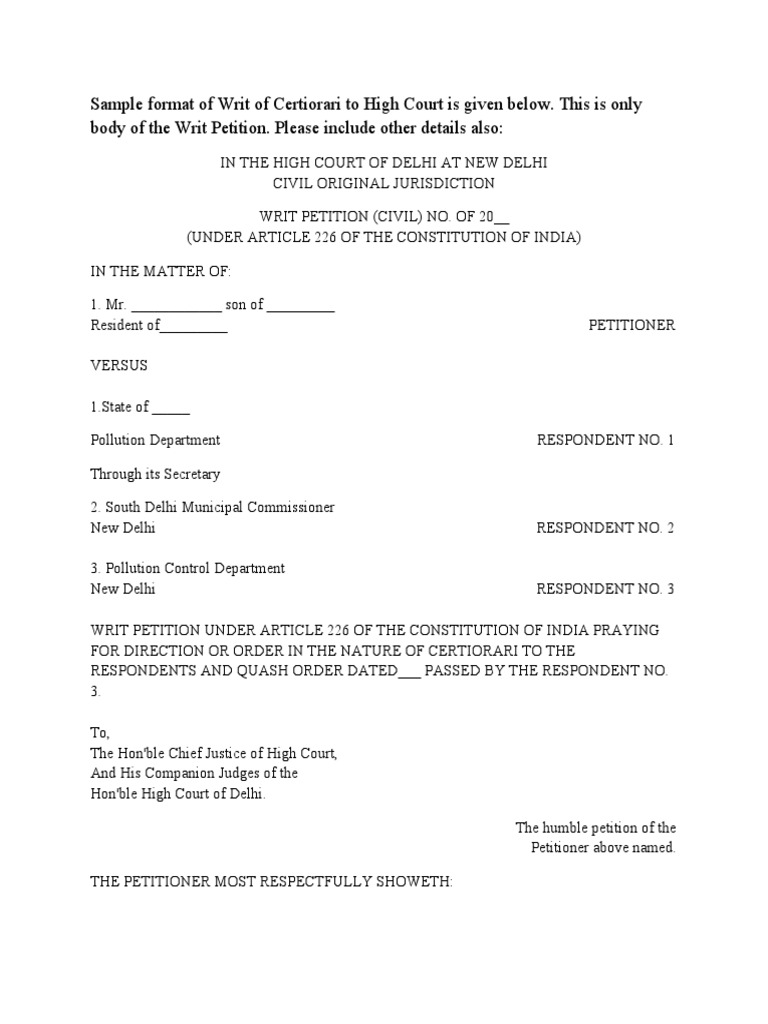 Sample Format of Writ of Certiorari To High Court Is Given Below | PDF ...