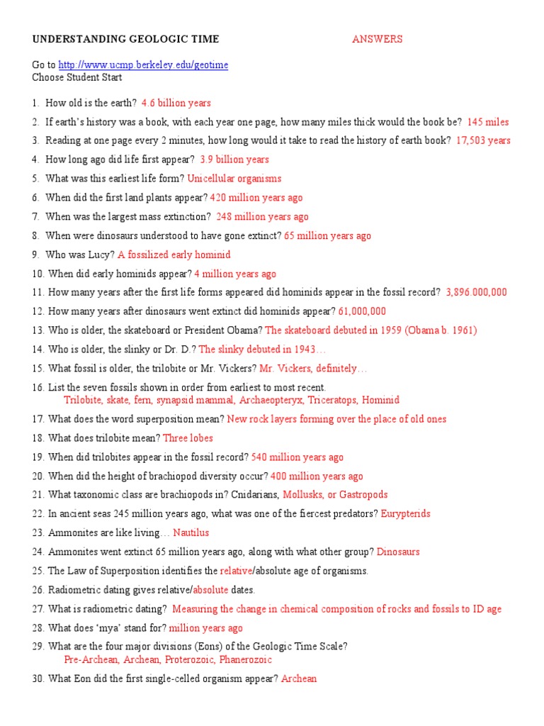 Geologic Time Worksheet - ANSWERS | PDF | Geologic Time Scale | Earth ...