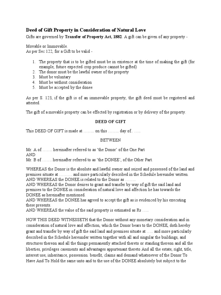Deed of Gift Property in Consideration of Natural Love | PDF | Deed ...