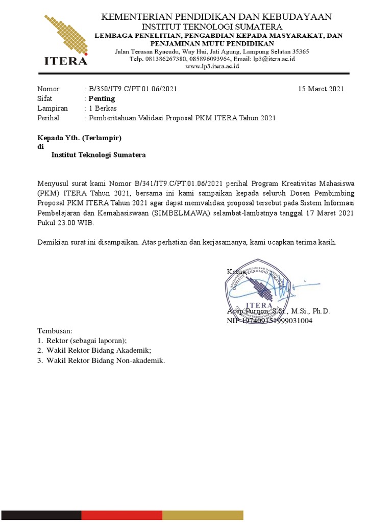 Surat Pemberitahuan Permintaan Validasi Dosen Pembimbing PKM ITERA 2021 | PDF | Teknologi & Rekayasa