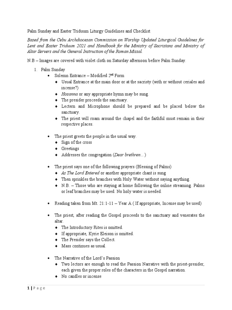 Palm Sunday and Easter Triduum Liturgy Guidelines and Checklist | PDF ...