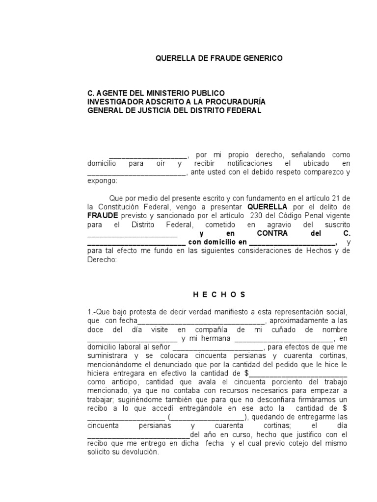 Querella por Fraude Genérico | PDF | Queja | Derecho penal