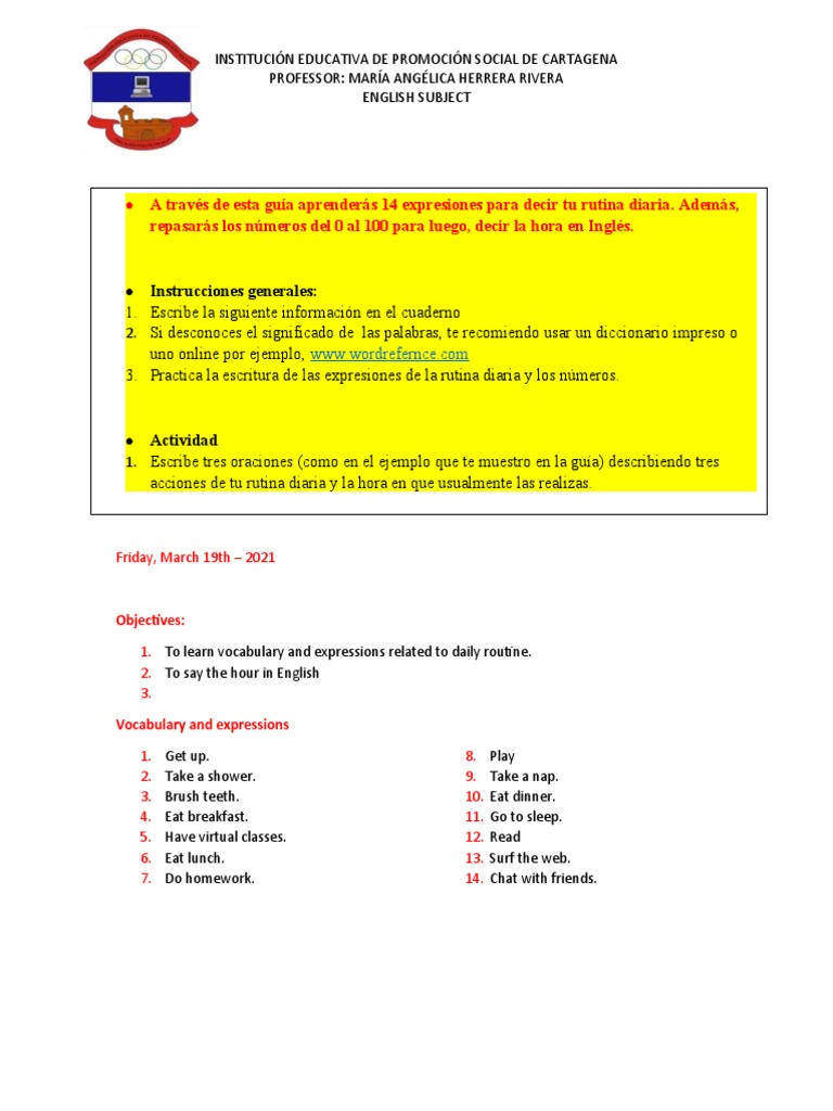 Workshop # 1 - Daily Routine - The Hour | PDF | Idiomas