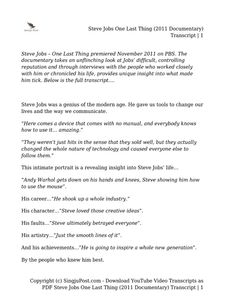 One Last Thing (2011 Documentary) | PDF | Steve Jobs | Apple Inc.