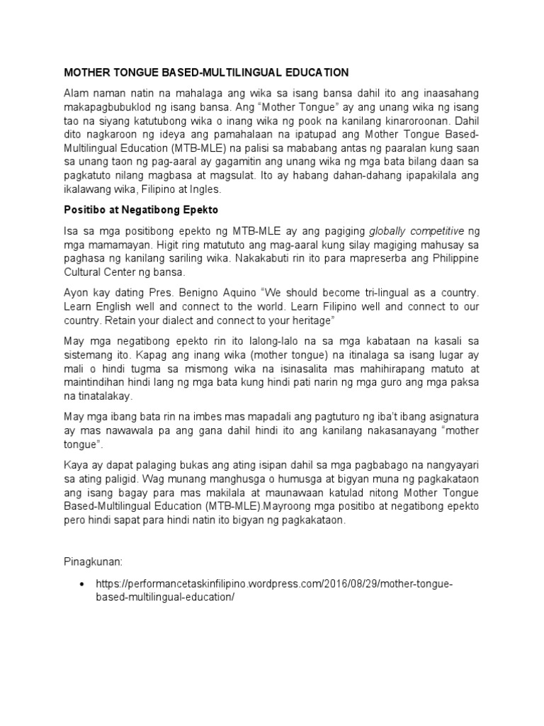 Mother Tongue Based-Multilingual Education | PDF